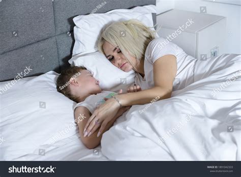 Mom Son Sleep Big Bed Home Stock Photo Shutterstock