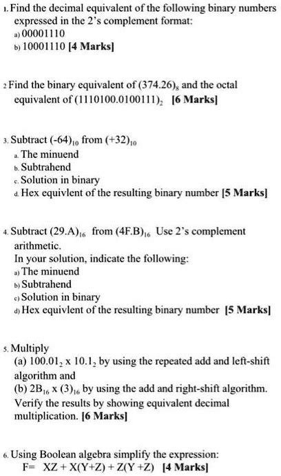 Solved Find The Decimal Equivalent Of The Following Binary Numbers