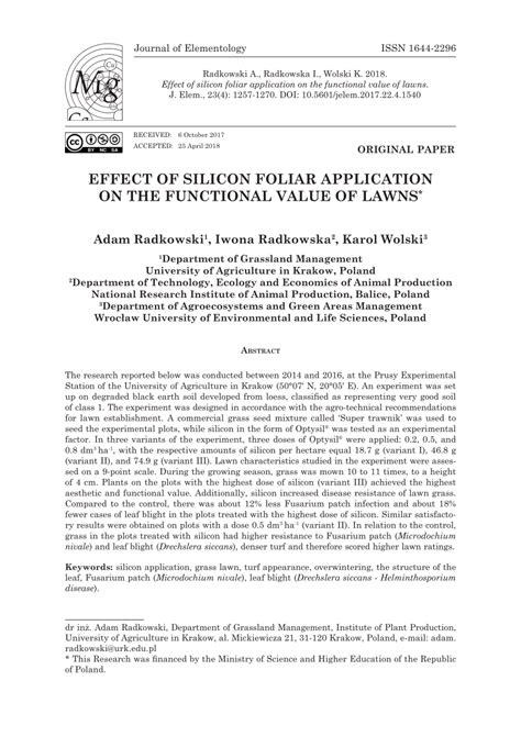 Pdf Effect Of Silicon Foliar Application On The Functional Value Of Lawns
