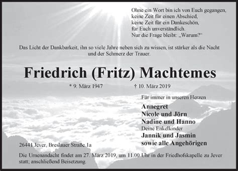 Traueranzeigen Von Friedrich Fritz Machtemes Nordwest Trauer De