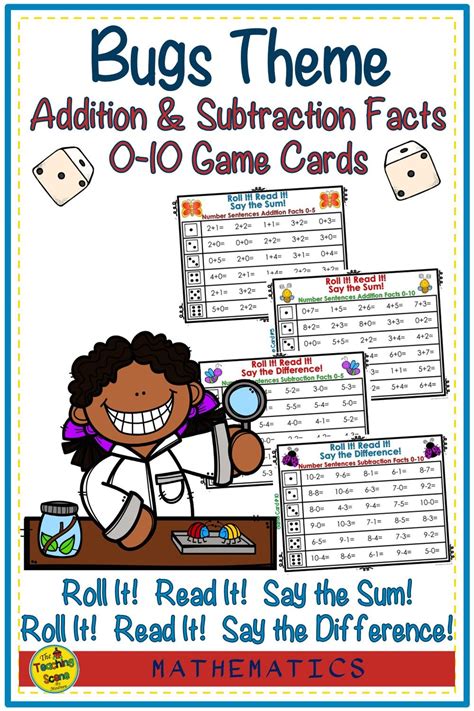 Bugs Addition And Subtraction Facts 0 10 Roll It Read It Game Cards Addition And Subtraction
