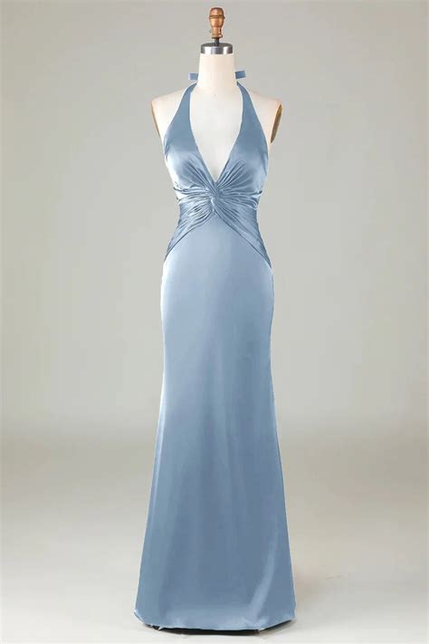 Zapakasa Women Mermaid Halter Dusty Blue Long Satin Bridesmaid Dress