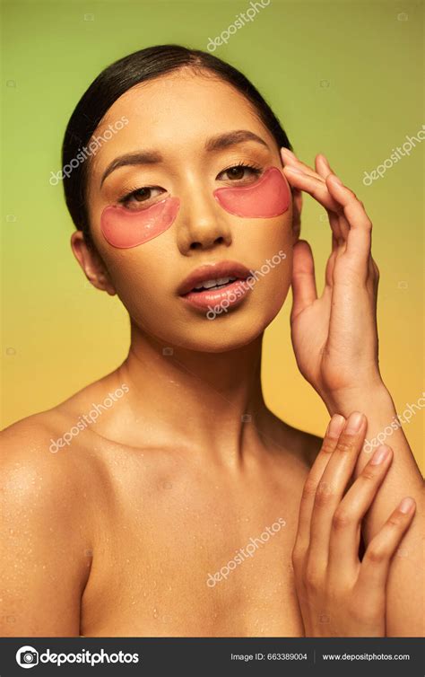 Beautiful Brunette Asian Woman Posing Eye Patches Green Background