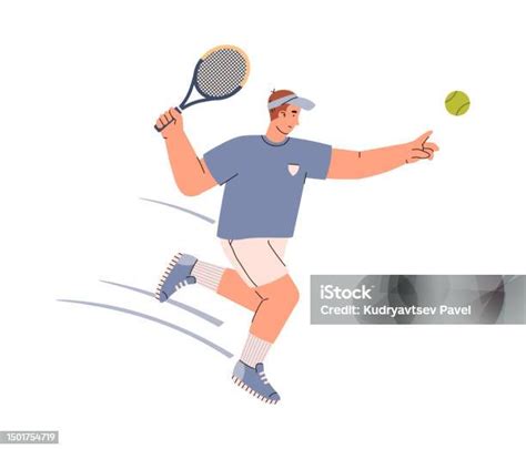 라켓을 든 테니스 선수 남자의 벡터 삽화는 흰색 배경에 고립된 불균형한 문자로 공을 친다 개념에 대한 스톡 벡터 아트 및 기타 이미지 개념 건강한 생활방식 경기