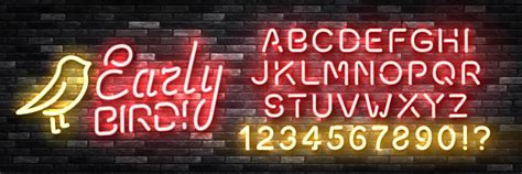 템플릿 장식 및 벽 배경에 덮기 위해 색상 글꼴 알파벳 로고를 쉽게 변경할 수있는 얼리 버드의 벡터 사실적으로 고립 된 네온 기호 Led 조명에 대한 스톡 벡터 아트 및