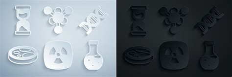 방사성 Dna 기호 박테리아가 있는 페트리 접시 시험관 분자 및 오래된 모래시계 아이콘을 설정합니다 벡터 3차원 형태에 대한 스톡 벡터 아트 및 기타 이미지 Istock