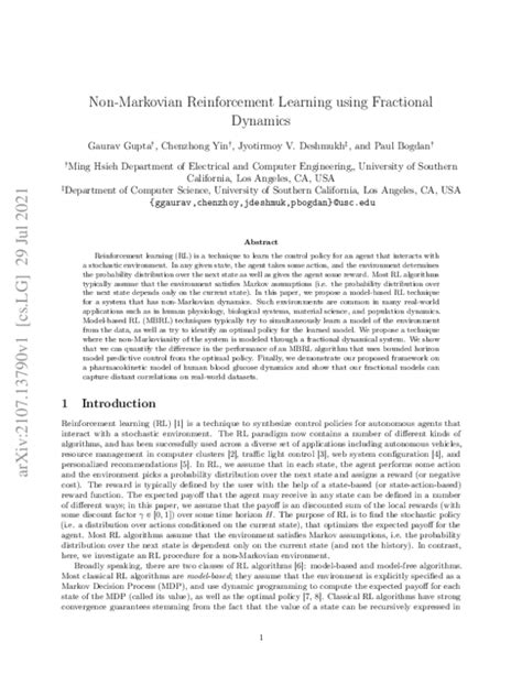 Pdf Non Markovian Reinforcement Learning Using Fractional Dynamics