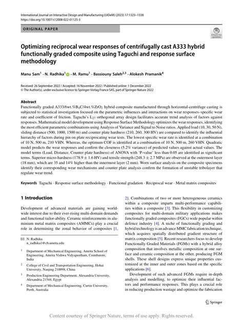 Optimizing Reciprocal Wear Responses Of Centrifugally Cast A333 Hybrid