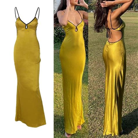 Womens Elegant Satin Sexy Deep V Neck Spaghetti Strap Maxi Long Dress