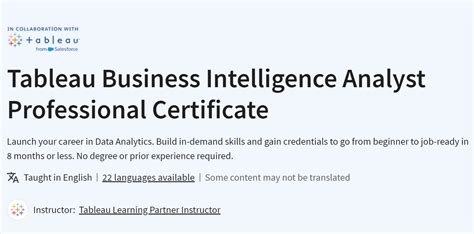 Tableau Business Intelligence Analyst Professional Certificate