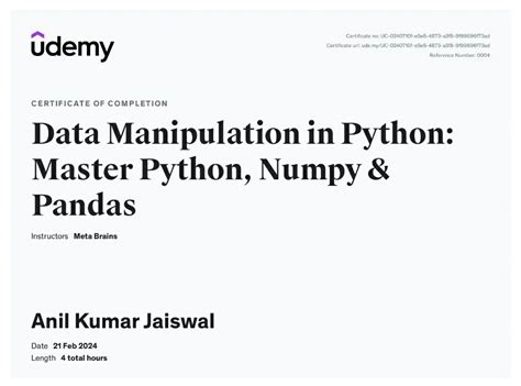 I Am Thrilled To Announce That I Have Completed My Certification In Data Manipulation In Paython