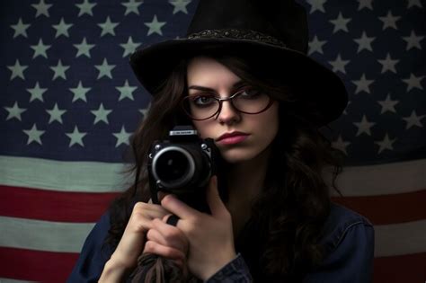 Premium Ai Image Beautiful Brunette Girl In Hat And Glasses Holding