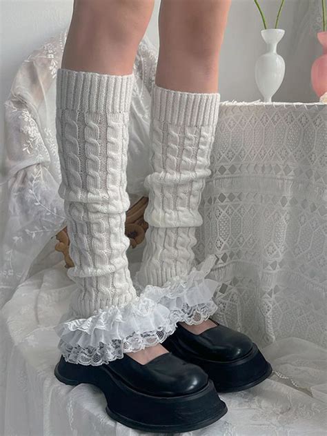 529 Clearance White Nylon Lace Ruffled Trim Leg Warmers Nylon Lace