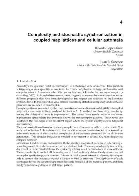 Pdf Complexity And Stochastic Synchronization In Coupled Map Lattices And Cellular Automata