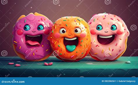 Cartoon Donuts With Funny Faces And Eyes Stock Illustration