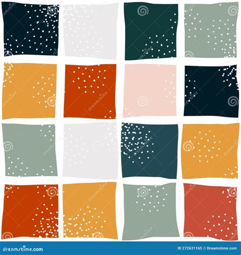 Hand Drawn Seamless Pattern With Colorful Checks Squares Vintage Retro