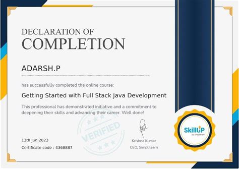 skill full stack java development completed the course in skillup