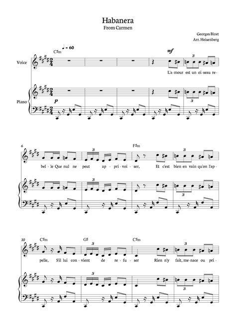 Habanera Carmen For Piano Chords And Voice In C Minor Arr