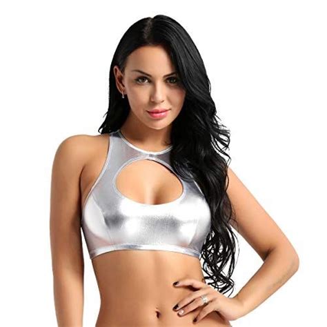 Freebily Damen BH Top Glänzende Metallic Tank Top Sommer Kunstleder Ärmellos Crop Tops Bikini