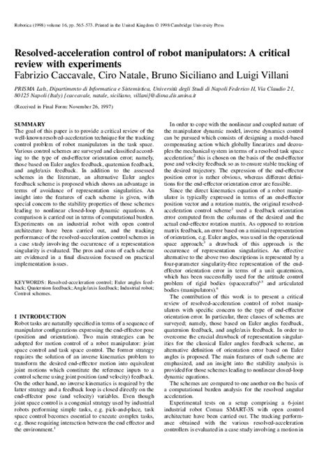 Pdf Resolved Acceleration Control Of Robot Manipulators A Critical Review With Experiments