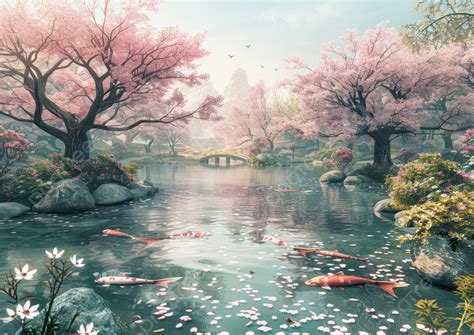 고요한 연못에 벚꽃나무와 잉어 물고기가 있는 고요한 풍경 버찌 꽃 나무 배경 일러스트 및 사진 무료 다운로드 Pngtree