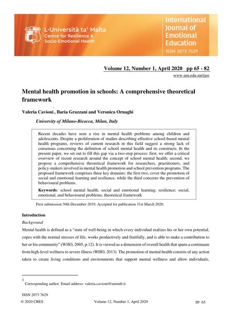Pdf Mental Health Promotion In Schools A Comprehensive Theoretical Framework