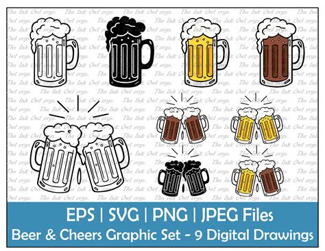 Beer Stein Drink Cheers Vector Clipart Set Outline Stamp Color Graphic