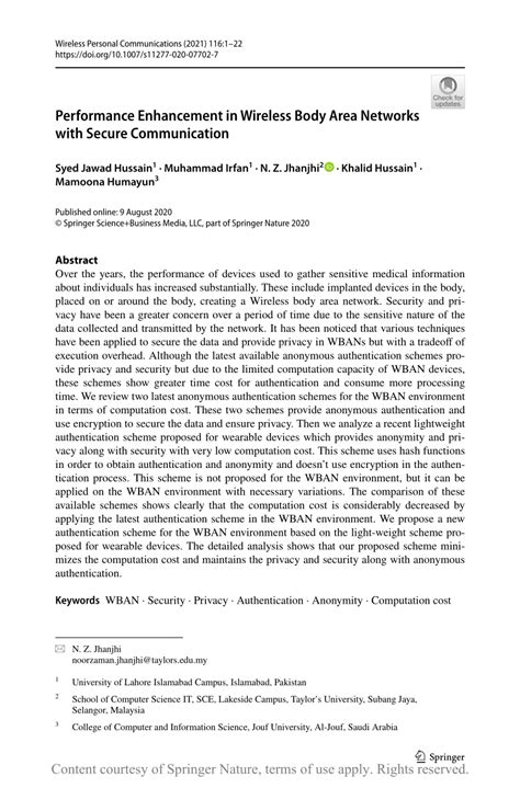 Performance Enhancement In Wireless Body Area Networks With Secure Communication Request Pdf
