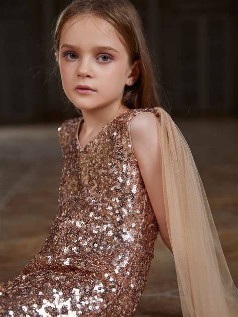 Girls V Neck Mesh Cloak Sleeve Sequin Jumpsuit Faeriesty