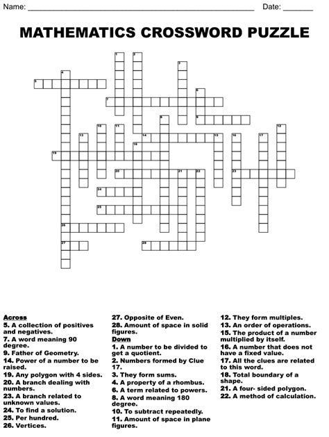 Math Vocabulary Crossword Amazing Mathematics
