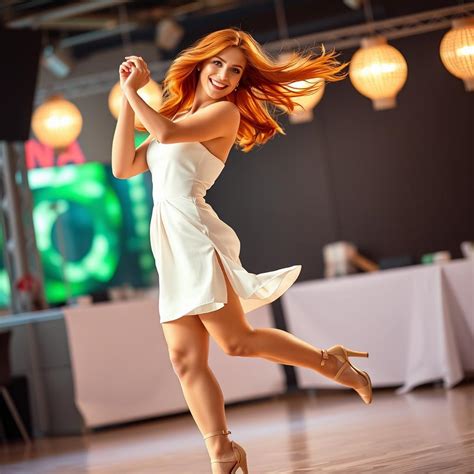 Dazzling Redhead In A White Dress Dance Of Elegance