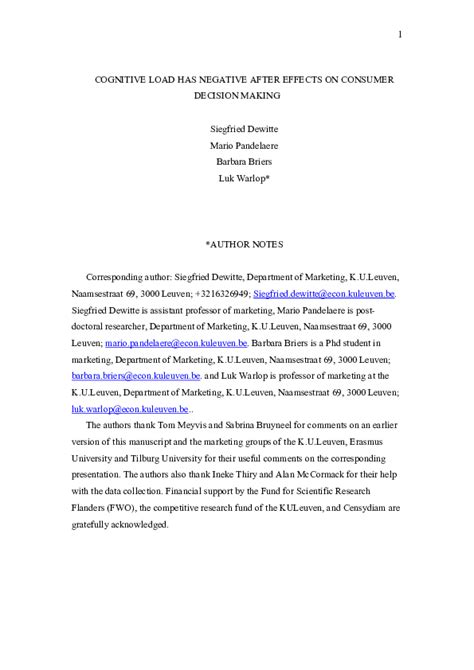 Pdf Cognitive Load Has Negative After Effects On Consumer Decision