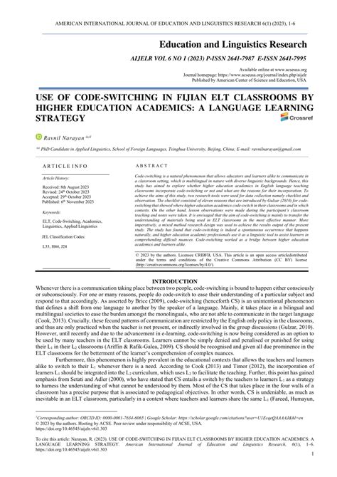 Pdf Education And Linguistics Research Use Of Code Switching In Fijian Elt Classrooms By