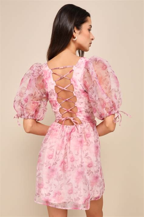 Pink Floral Organza Dress Backless Mini Dress Lace Up Dress Lulus