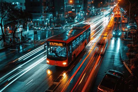 A Vibrant Red Bus Moves Through The Cityscape Under The Dark Of Night