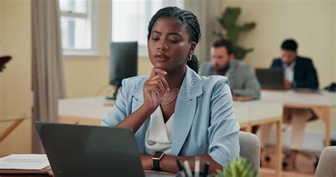 Laptop Thinking And Business Woman Problem Solving Planning Or Reading Email Computer Idea