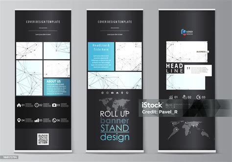 롤 배너 스탠드 추상적인 기하학적 스타일 템플릿 수직 벡터 전단지 플래그 레이아웃 화학 패턴 연결 라인 및 점 흰색 기하학적 인 그래픽 배경에 분자 구조 개념에 대한 스톡