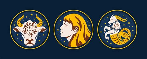 조디악 표지판 황소자리 처녀자리 염소자리의 특징인 양식화된 조디악 표지판 생생하고 눈길을 끄는 레이아웃으로 표현된 천체 디자인 트라이곤 더 어스 개성 개념에 대한 스톡 벡터