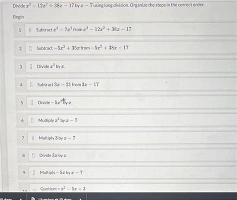 Solved Divide X3−12x238x−17 By X−7 Using Long Division