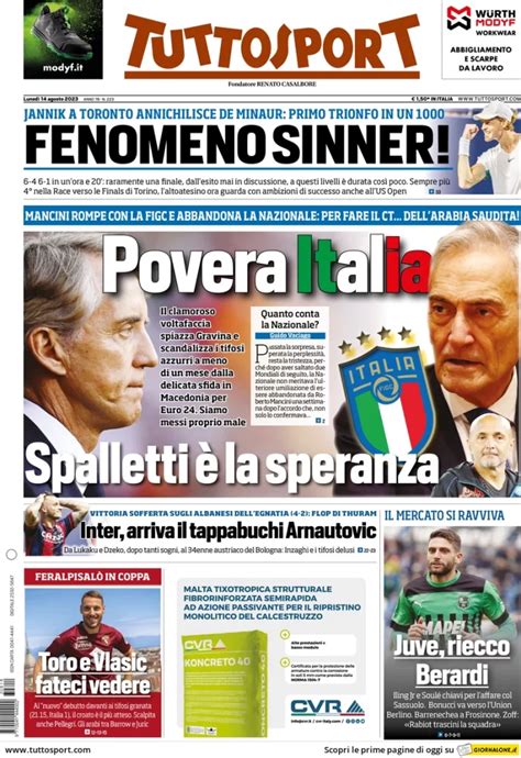 Le Prime Pagine Dei Giornali Sportivi Di Oggi 14 Agosto Calcio Atalanta