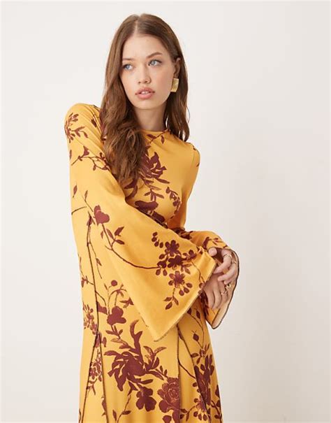 Asos Design Robe Longueur Mollet à Imprimé Fleurs Bohème Pêche Asos