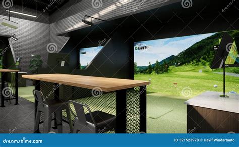 3d Rendering Of A Modern Indoor Golf Simulator With A Hitting Station Projection Screen And