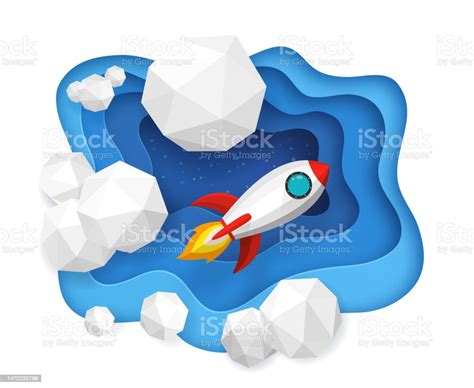 로켓은 푸른 하늘과 배경의 구름으로 발사됩니다 일러스트레이션 종이 아트 및 3d 개념 0명에 대한 스톡 벡터 아트 및 기타 이미지 0명 개념 개념과 주제 Istock