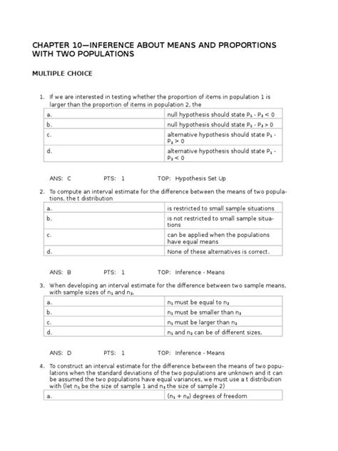Chapter 10 Inference About Means And Proportions With Two Populations Pdf Confidence