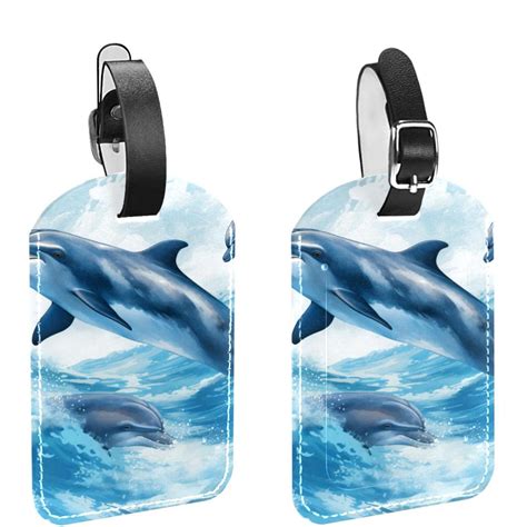 Square 2Pack PU Leather Dolphin Cruise Luggage Tag With Privacy Cover