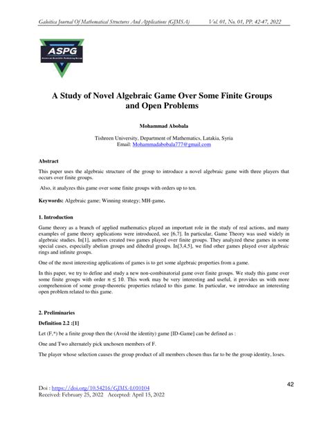 PDF A Study Of Novel Algebraic Game Over Some Finite Groups And Open