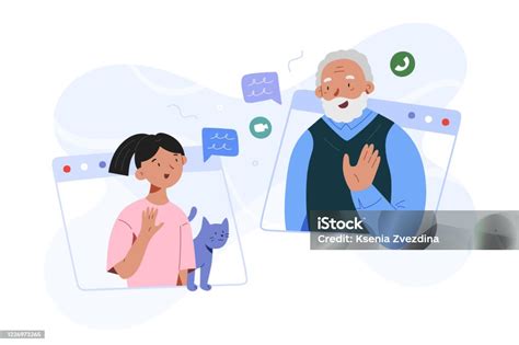 소녀 손녀와 할아버지 화상 통화 가족 화상 회의 웹캠을 통해 할아버지와 이야기하는 손자 유아 검역 및 자기 고립 중에 노인과의