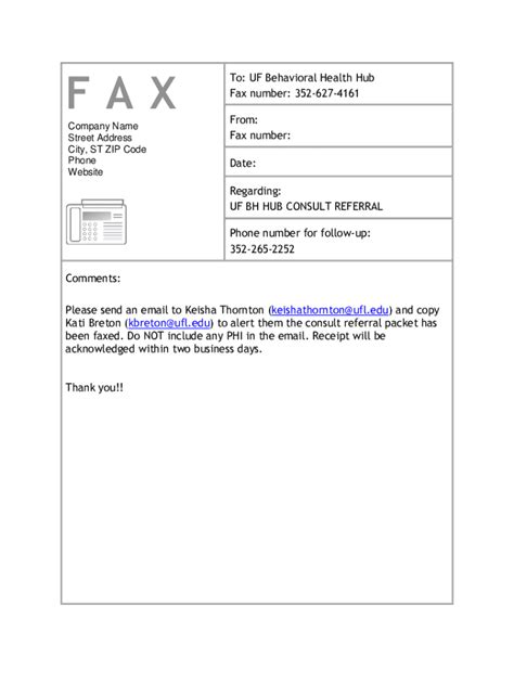 Fillable Online Company Name To Uf Behavioral Health Hub Fax Number