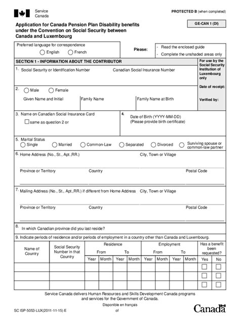 Fillable Online Luxembourgcanada Agreement Application For Cpp Disability Benefits Isp5053