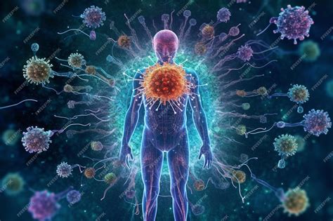 바이러스와 인간의 공생 비세포 감염체 세균 외계 세포의 기생충 감염 대유행 비세포 생명체 면역계 각종 질병 생성 Ai 프리미엄 사진